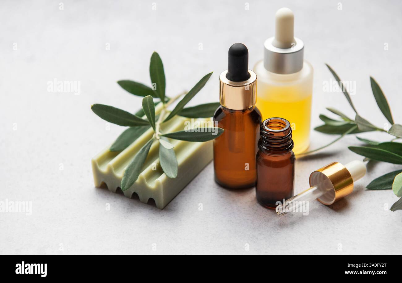 Olive oil based cosmetics, soap and essential oils with dropper and ...