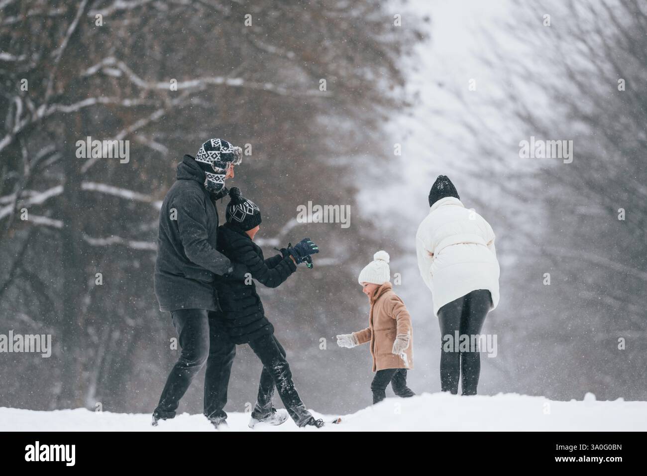 Playing snowballs. Happy family is outdoors, enjoying snow time at ...