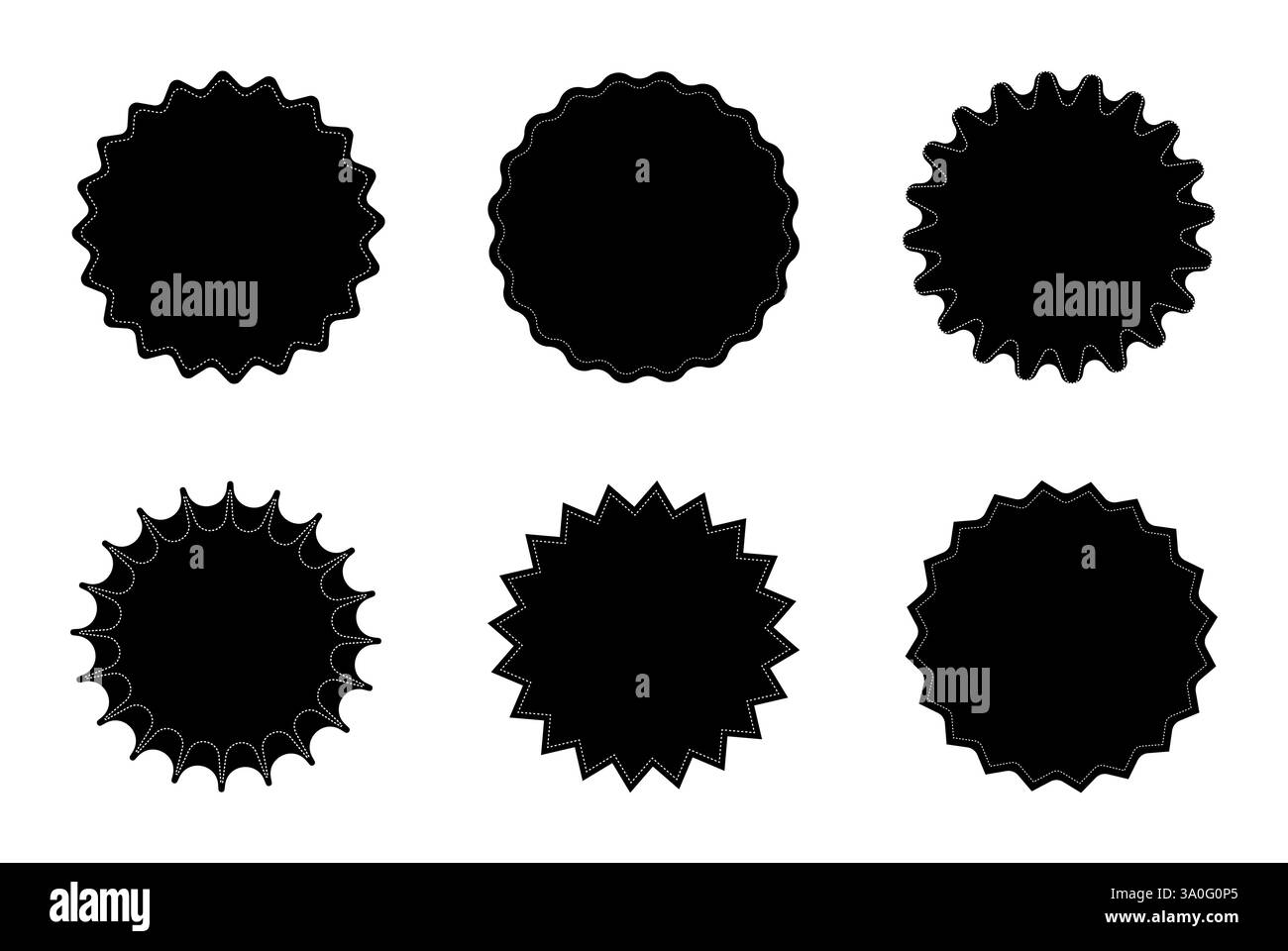 Set of six black badge silhouettes with decorative edges isolated on ...