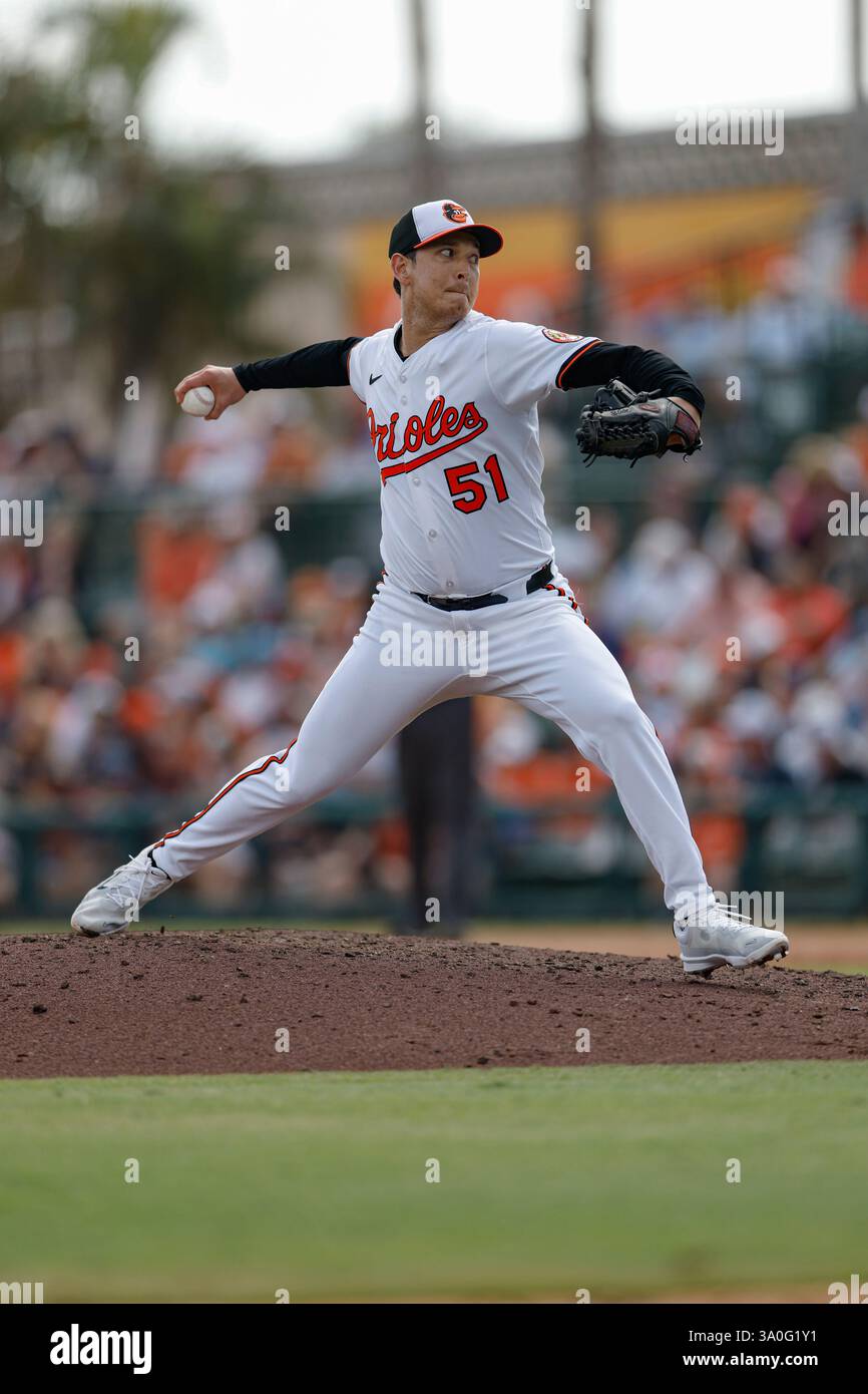 Sarasota FL USA; Baltimore Orioles pitcher Matt Bowman (51) delivers a ...