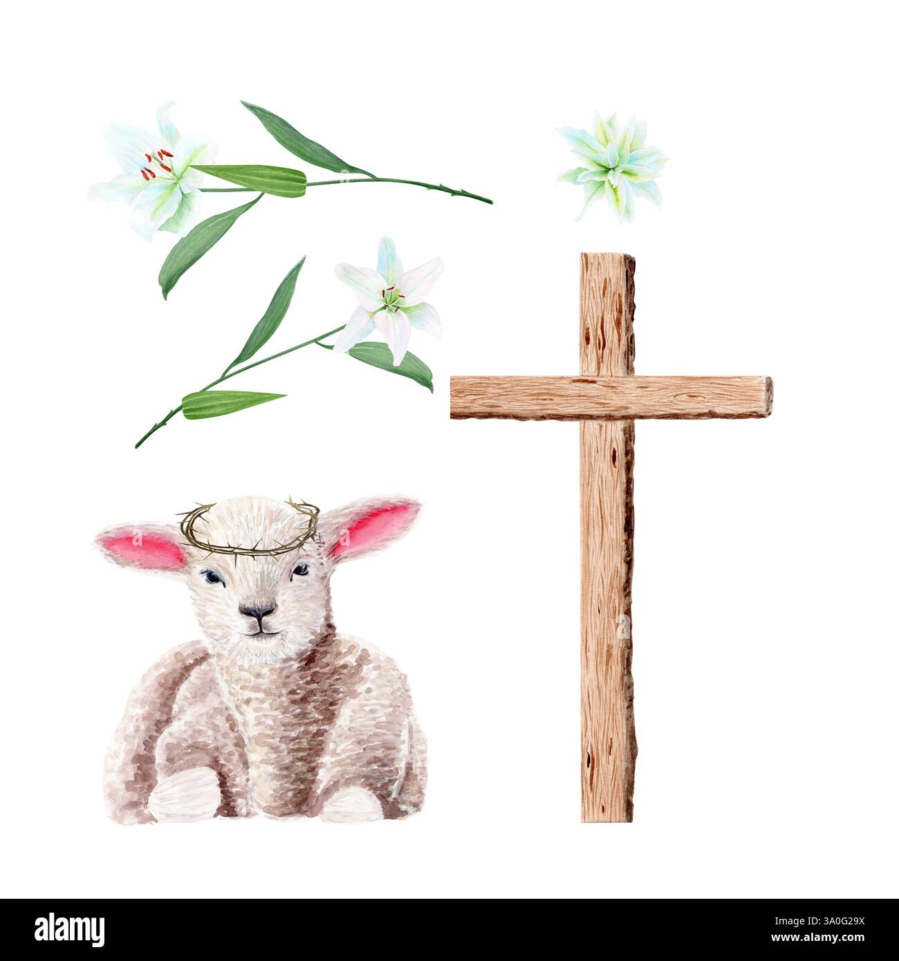 Wooden cross, lamb in a crown of thorns and lilies watercolor ...