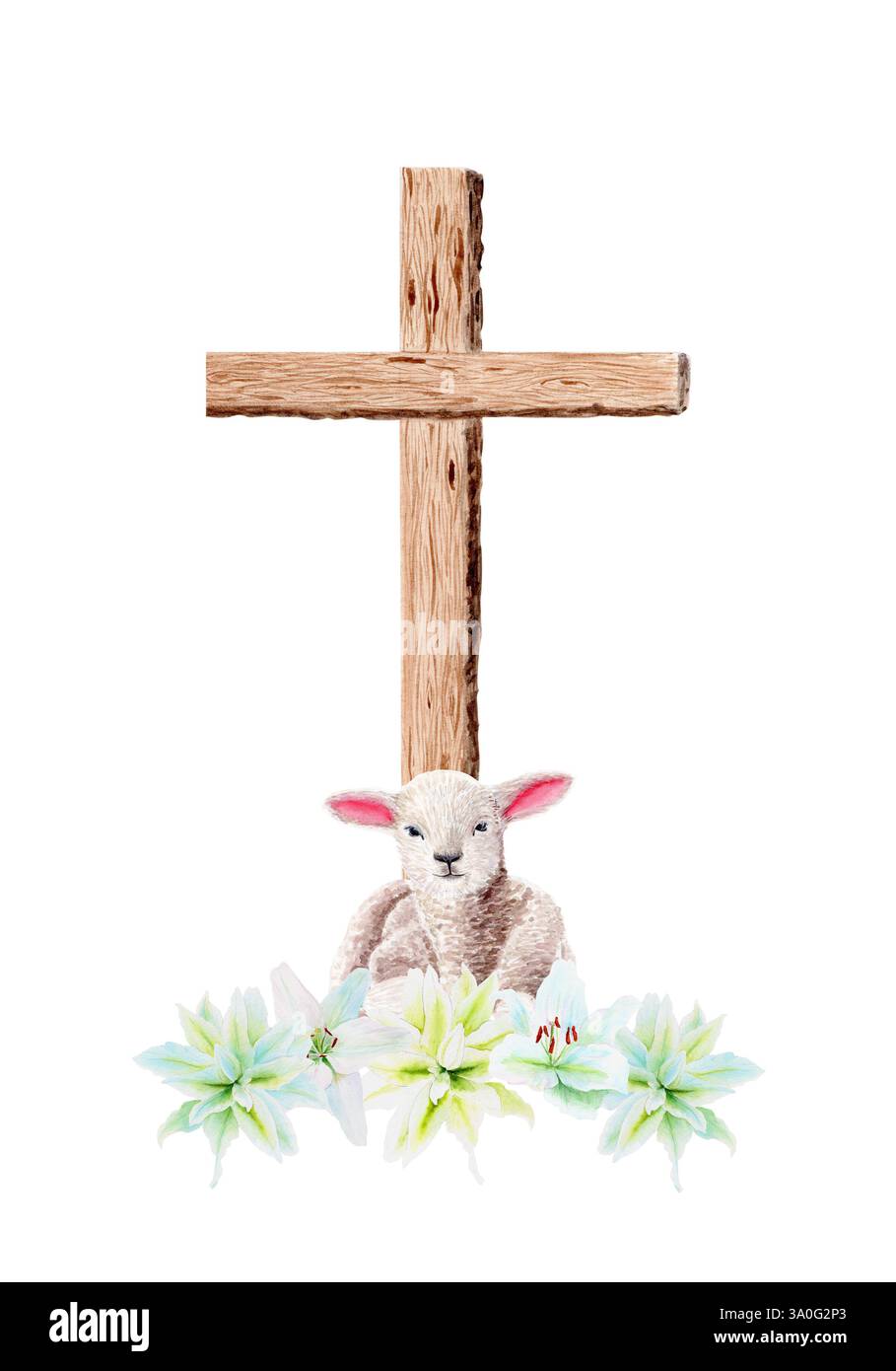 Wooden cross with lily garland and a lamb watercolor composition ...