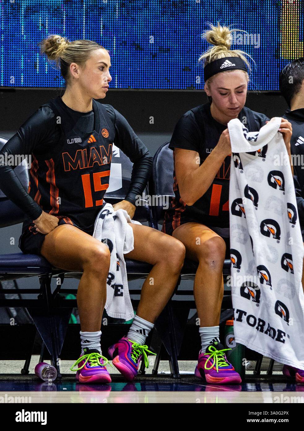 March 02 2025 Berkeley CA, USA Miami guard Hanna Cavinder (15)sits with ...
