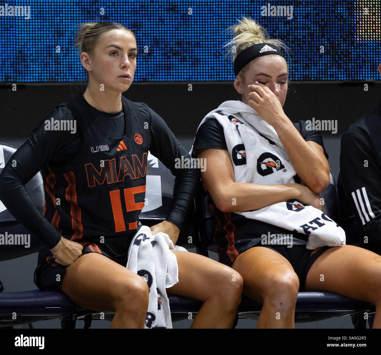 March 02 2025 Berkeley CA, USA Miami guard Hanna Cavinder (15)sits with ...