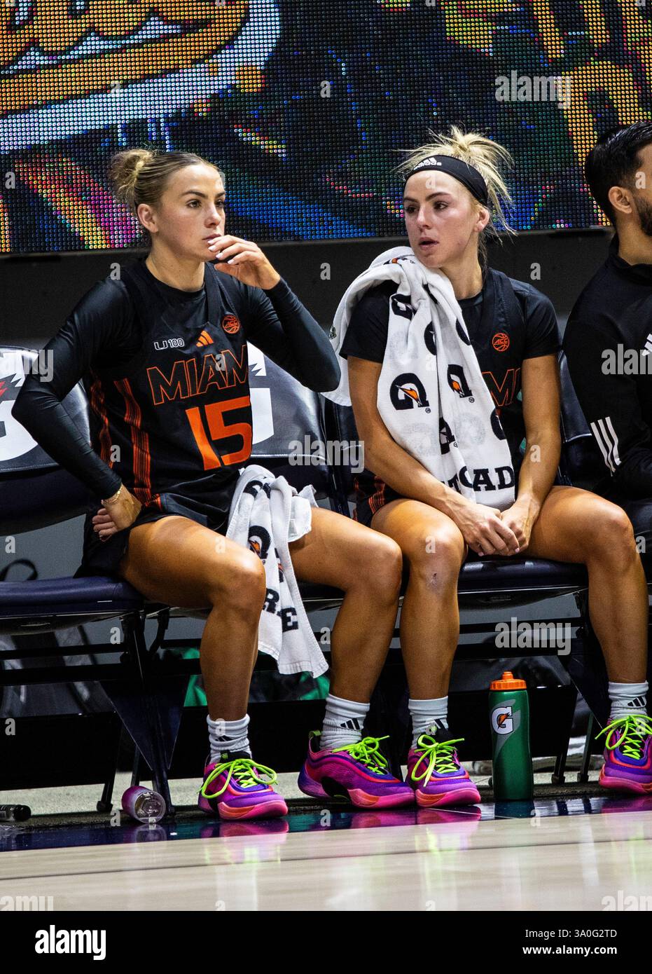 March 02 2025 Berkeley CA, USA Miami guard Hanna Cavinder (15)sits with ...