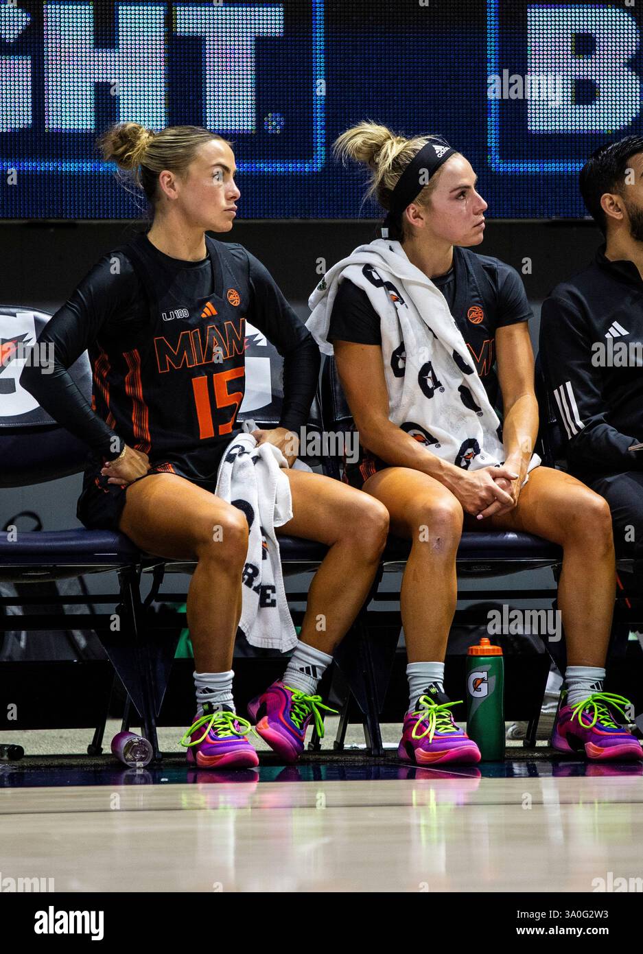 March 02 2025 Berkeley CA, USA Miami guard Hanna Cavinder (15)sits with ...
