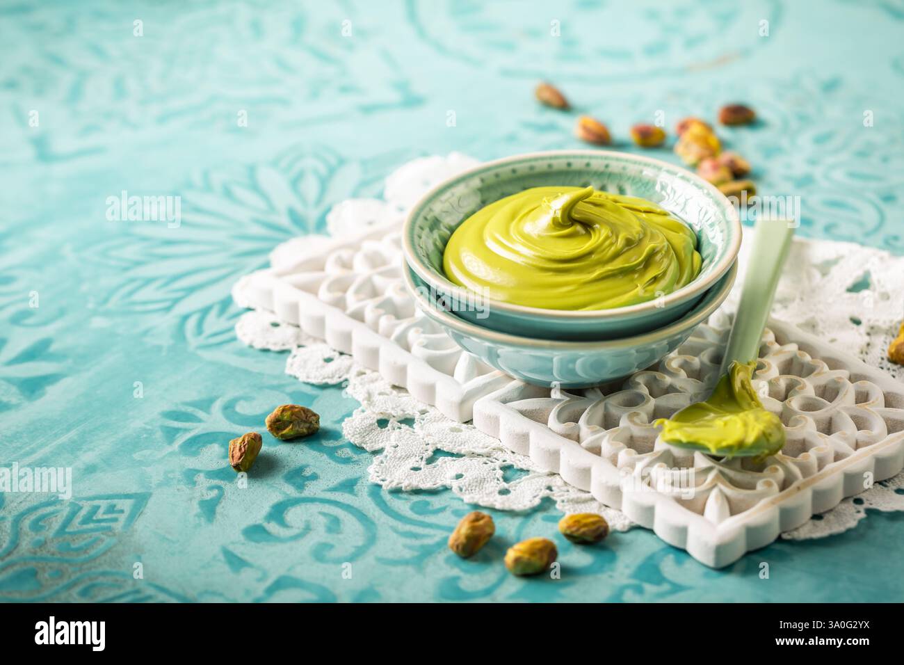 Homemade delicious pistachio spread, cream or mousse for baking Stock ...