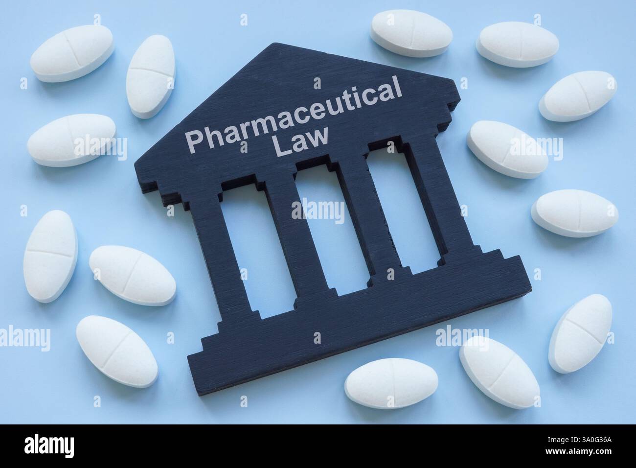 Pills and the sign pharmaceutical law. Represents drug regulations and legal compliance Stock ...