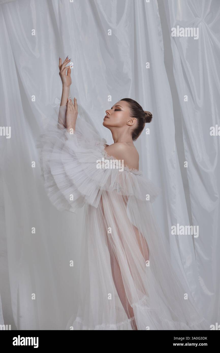 Model showcases an artistic pose in a flowing sheer dress with ruffled ...