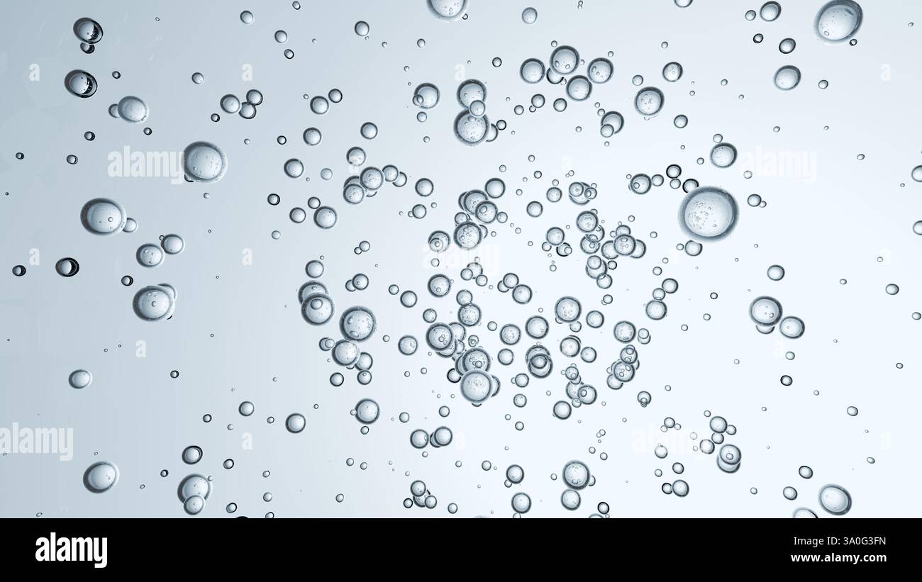 Bubbles of various sizes float upward in clear water, reflecting light ...