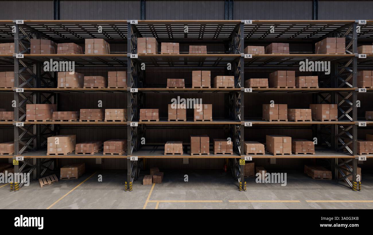 Rows of tall shelves are filled with packed cardboard boxes in a well ...
