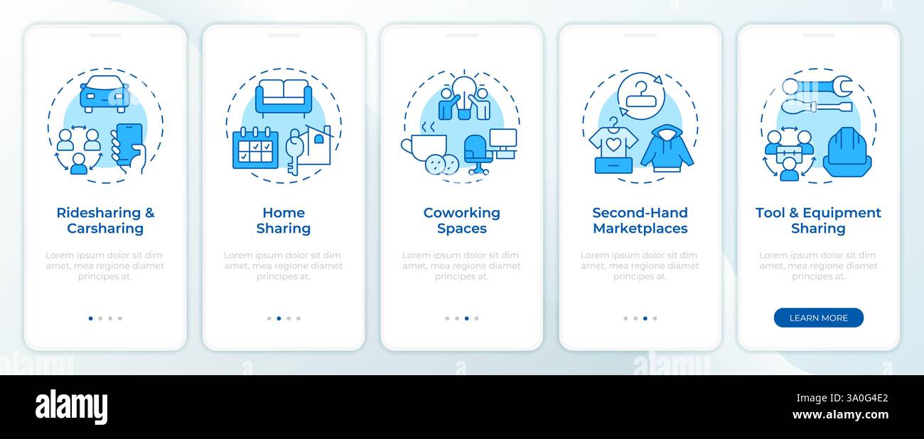 Sharing economy models blue onboarding mobile app screen Stock Vector ...
