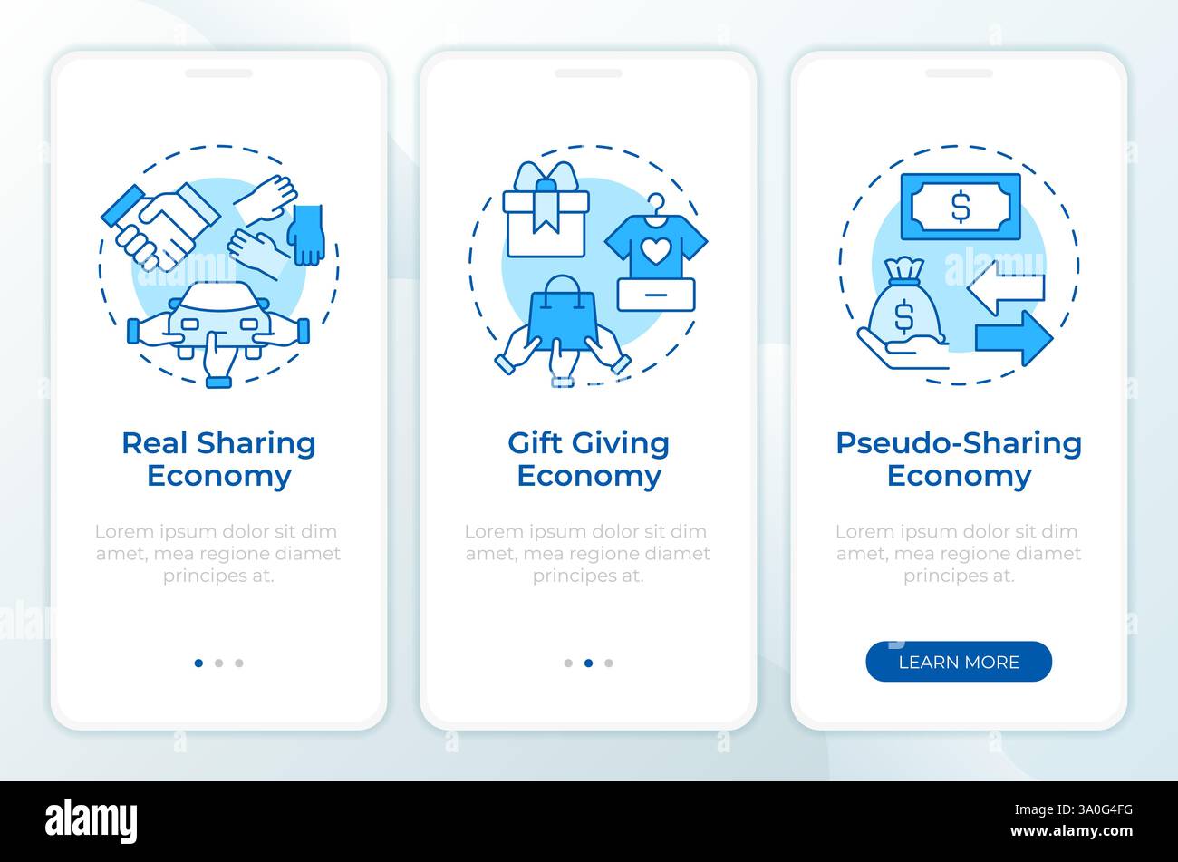 Types of sharing economy blue onboarding mobile app screen Stock Vector ...