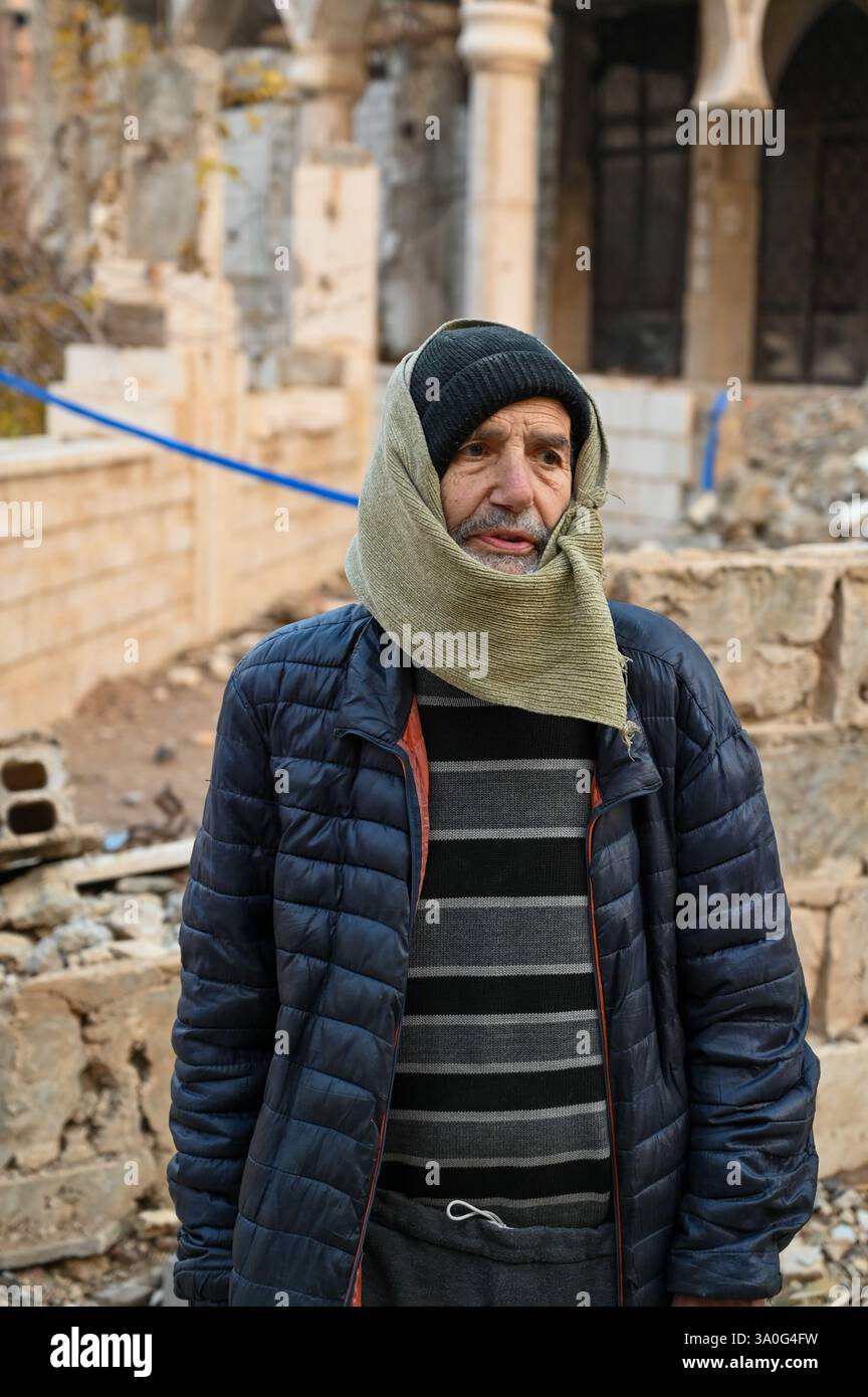 Damascus, Syria - December 31, 2024: This old man settled in Yarmouk ...