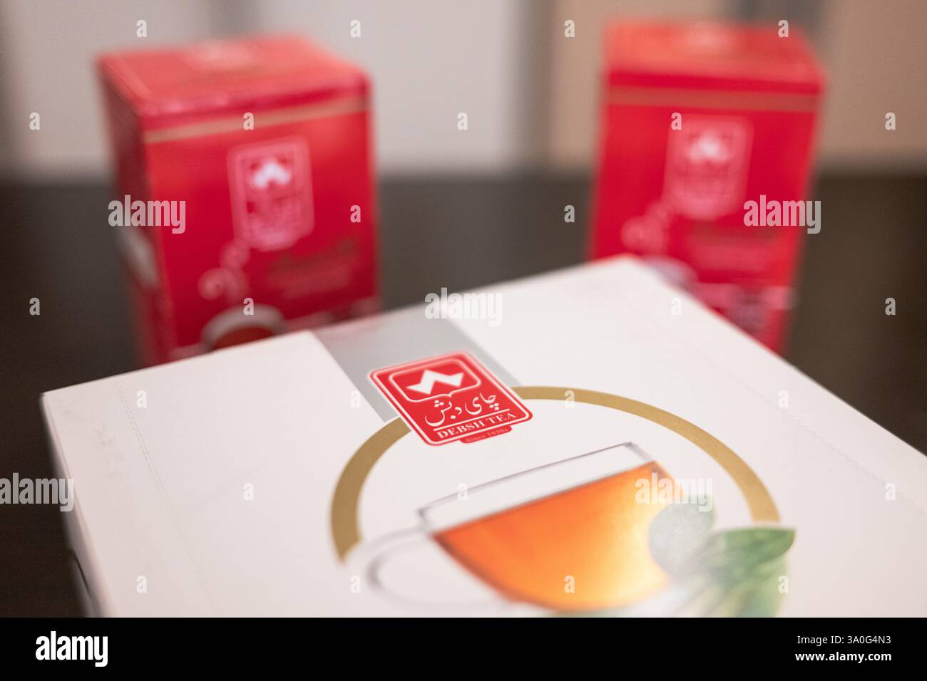 Teheran, Iran. 04th Mar, 2025. Tea from the Iranian brand Debsch. Two ...
