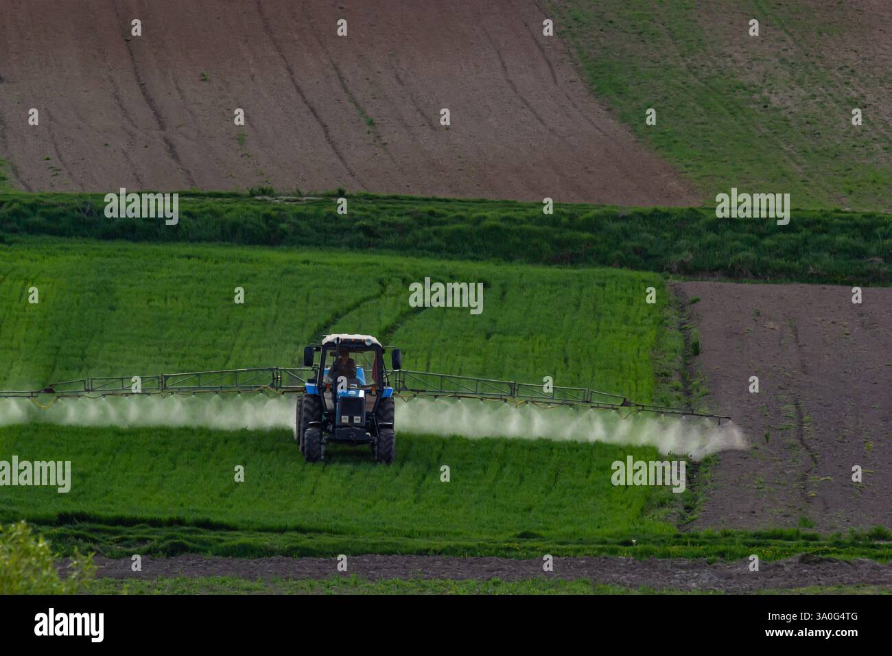 Aerial view of tractor spraying crop in green farm fields with ...