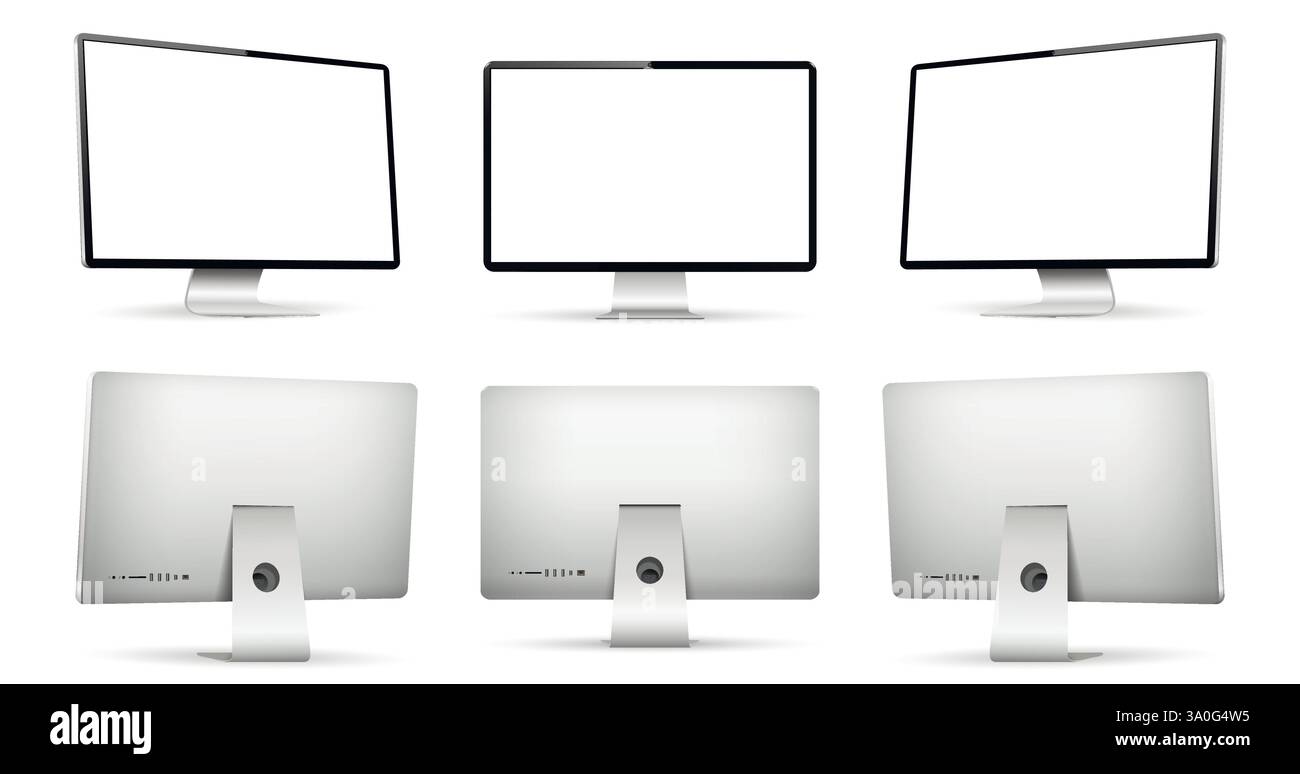 Realistic computer screen mockup. Computer display on three sides with blank screen. Front and ...