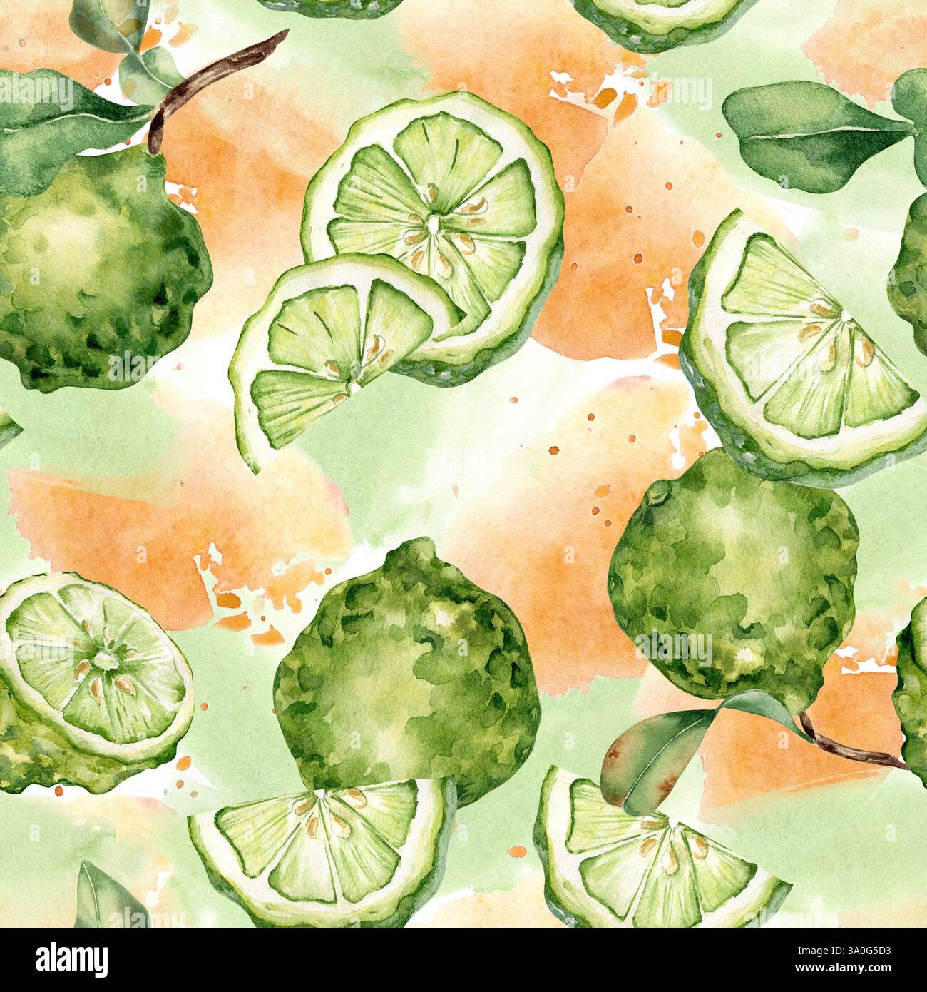 Seamless pattern of vibrant limes halves, slices, and leaves on orange ...