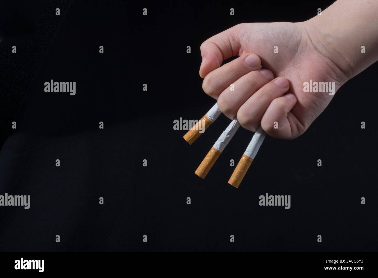 Hand is holding cigarettes between fingers on black background Stock ...