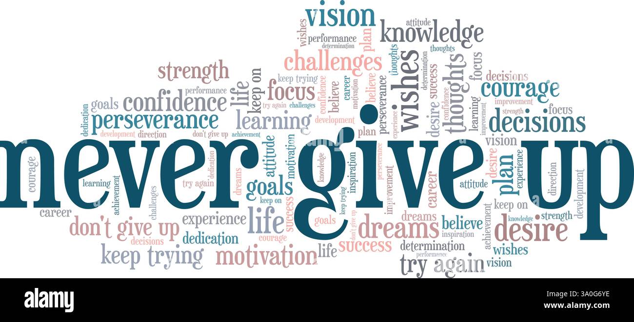 Never Give Up vector illustration word cloud isolated on a white ...
