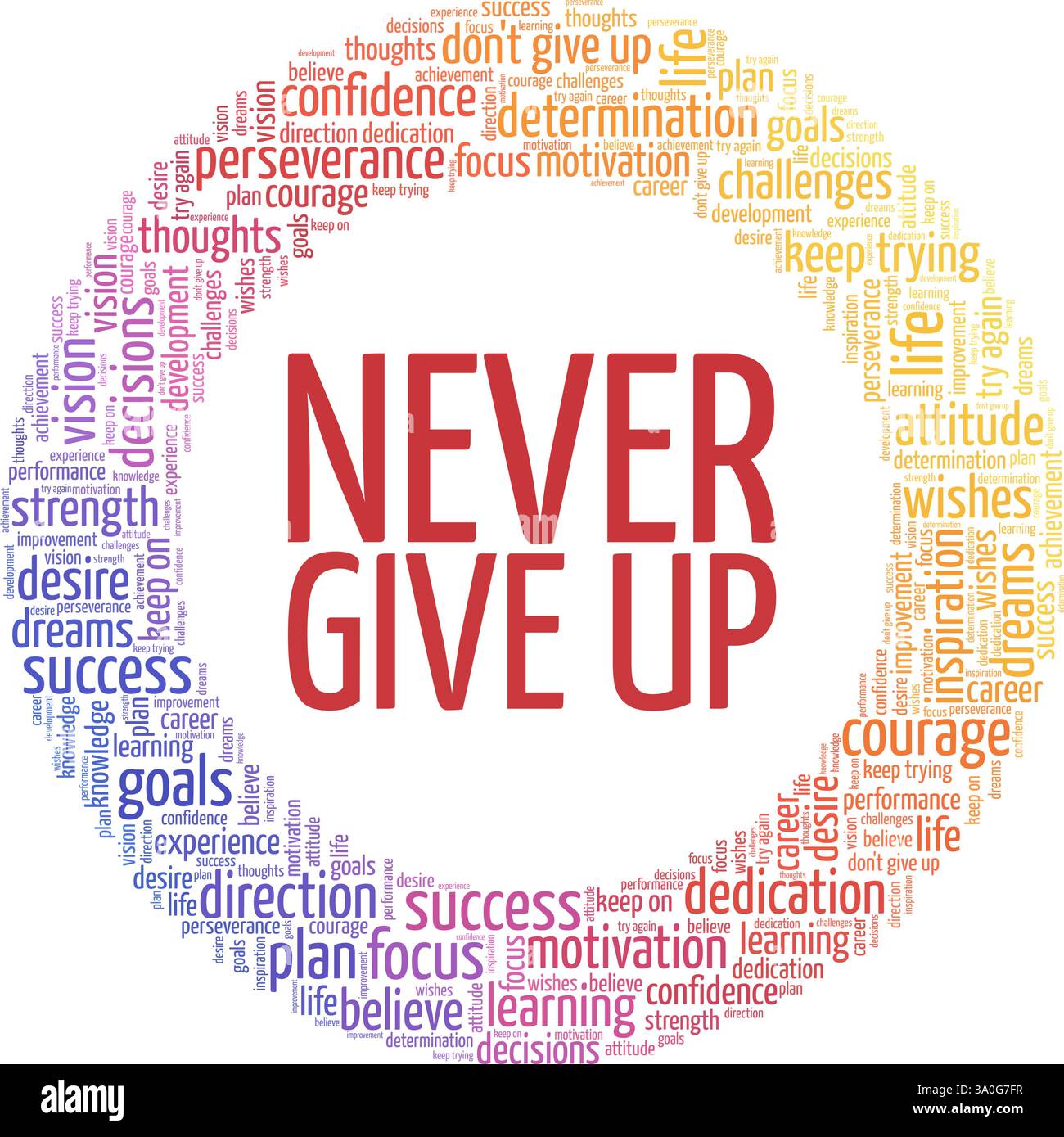 Never Give Up vector illustration word cloud isolated on a white ...