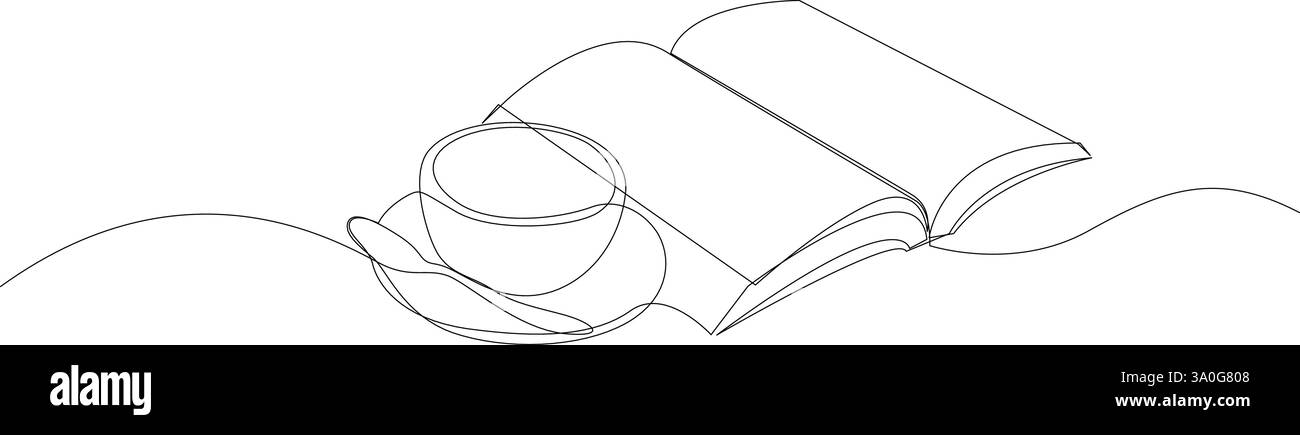 Opened book with coffee in continuous one line drawing. Education ...