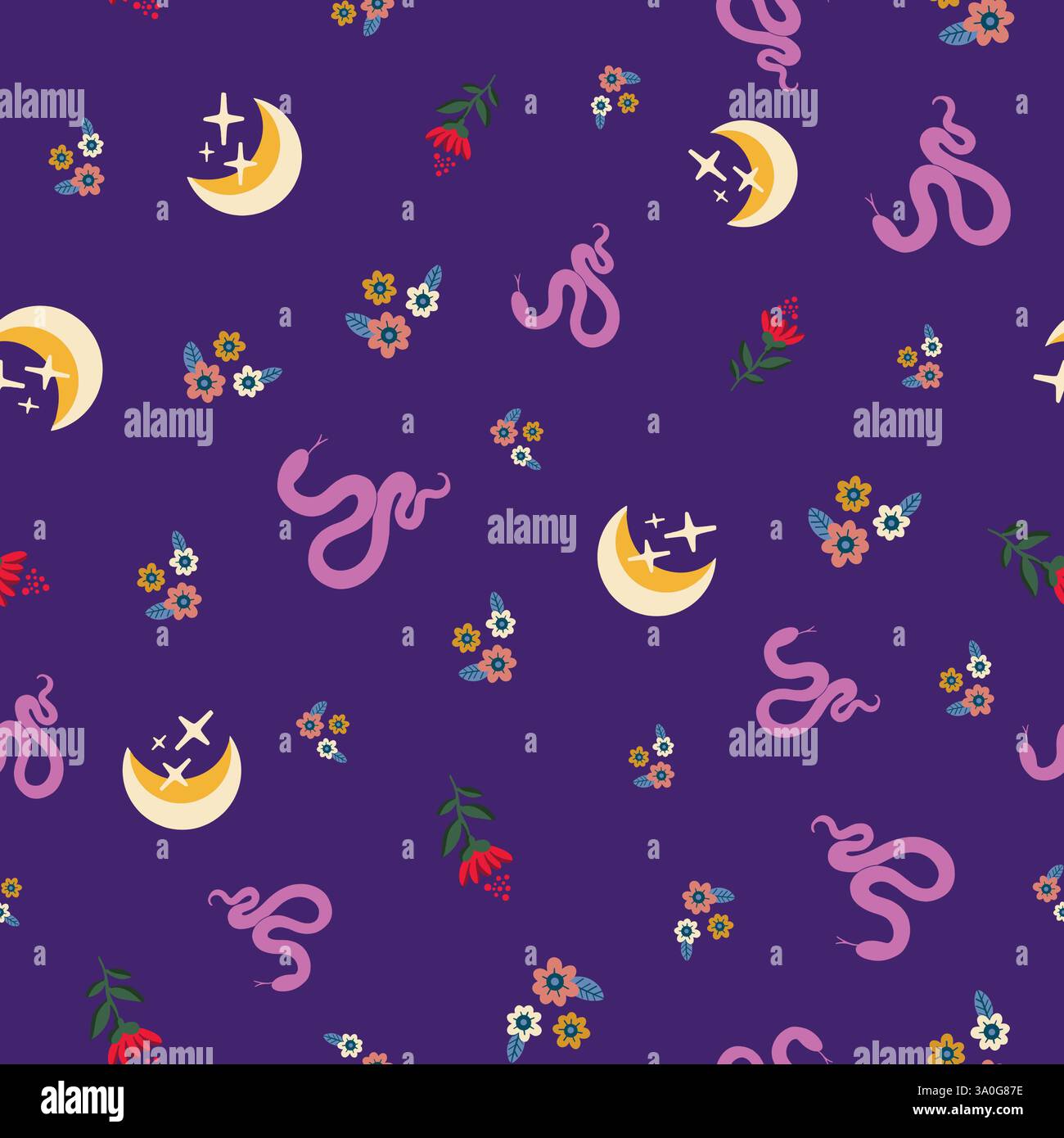 Snakes and flowers on purple background, seamless vector pattern Stock ...