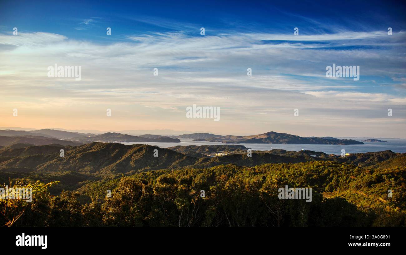 Photo shows the Shima Peninsula from a lookout point in Toba City, Mie ...
