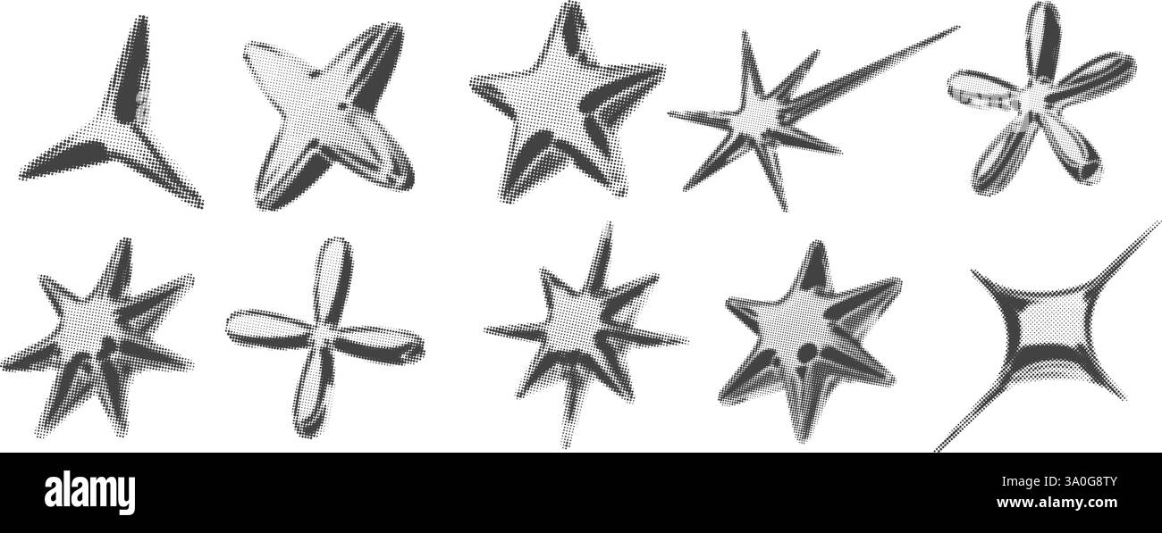 Y2k 3d chrome halftone stars shape retro abstract elements vector ...