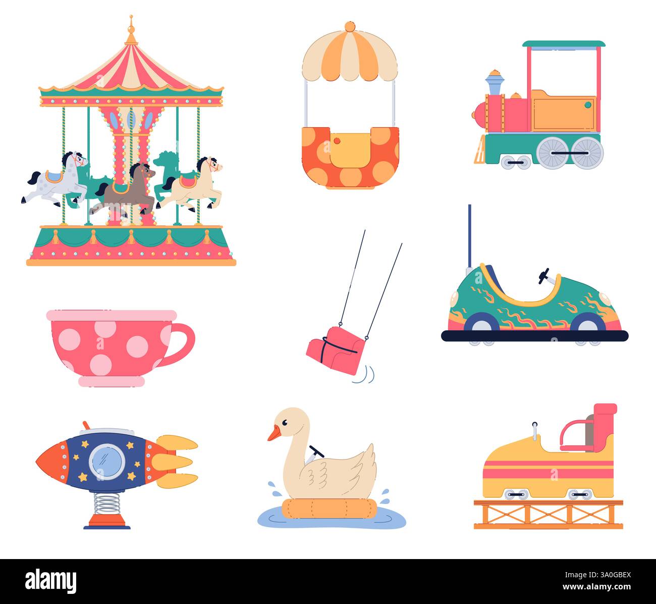 Set of childrens swing rides. Amusement park elements. Attraction ...