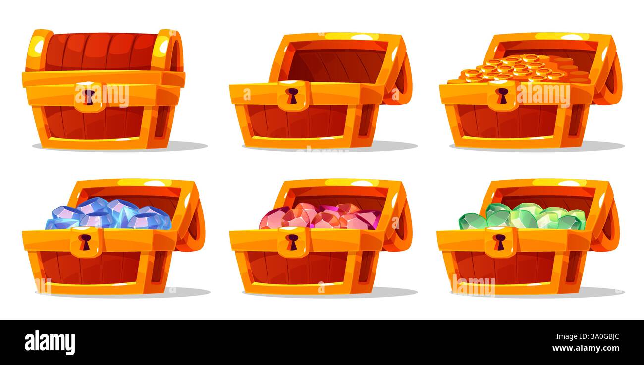 Set of chests with gold coins and gems. Closed and open wood box, empty ...