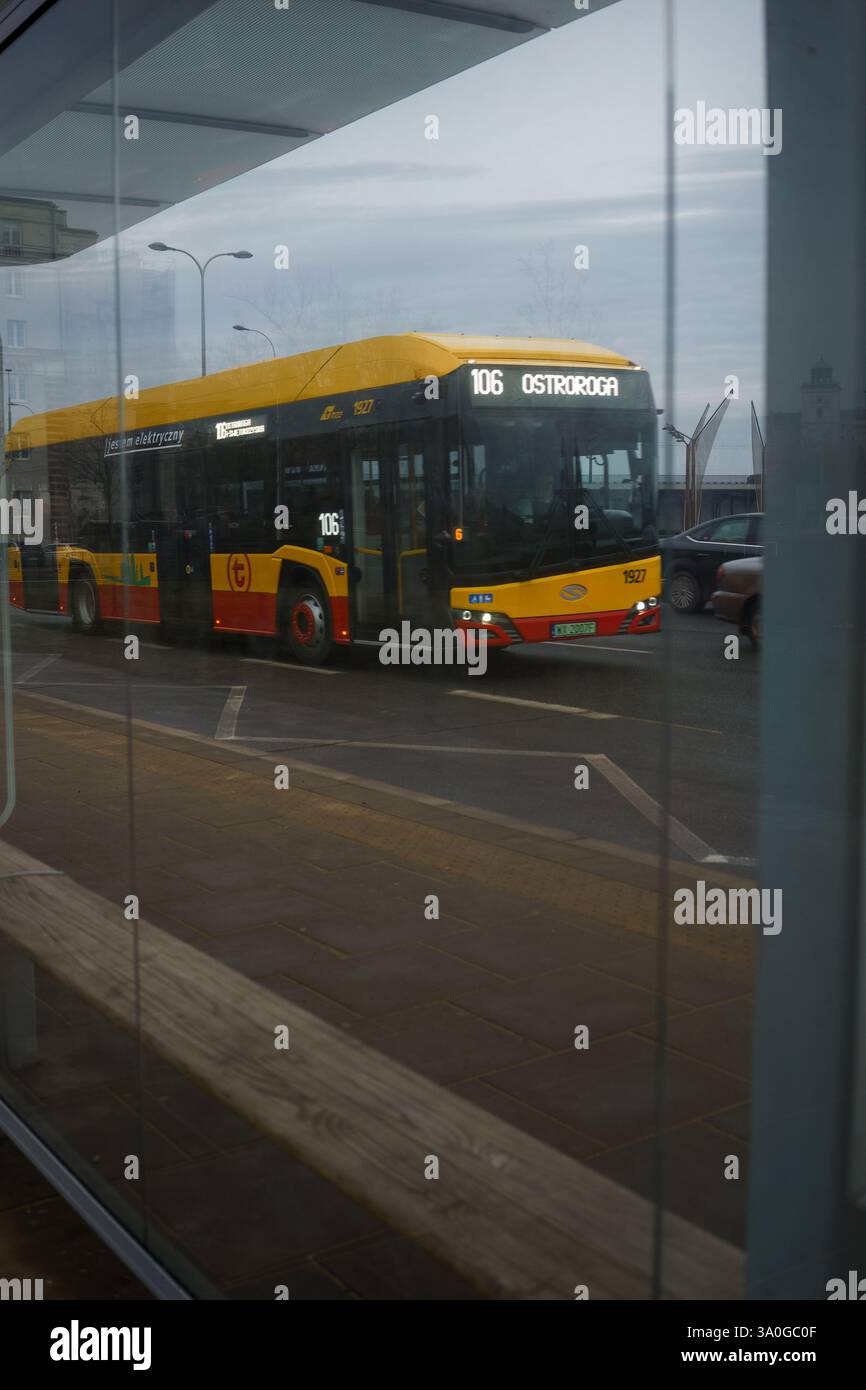 Warsaw, Poland. January 26, 2025 - Yellow public bus arriving at a bus ...