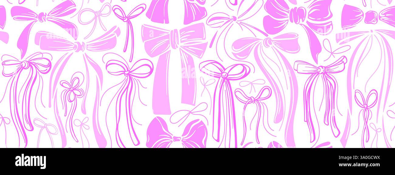 Bow sketch seamless backdrop. Vector hand drawn pink ribbons, silk ...