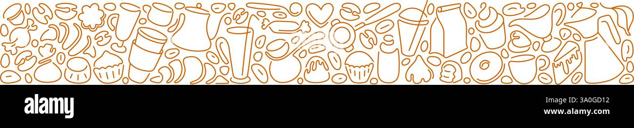 Coffee, tea line banner. Sketch vector background for menu, bakery and ...