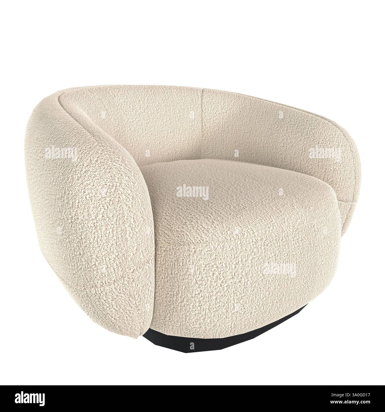 A 3D rendering displays a soft, curved chair with a plush fabric in a ...