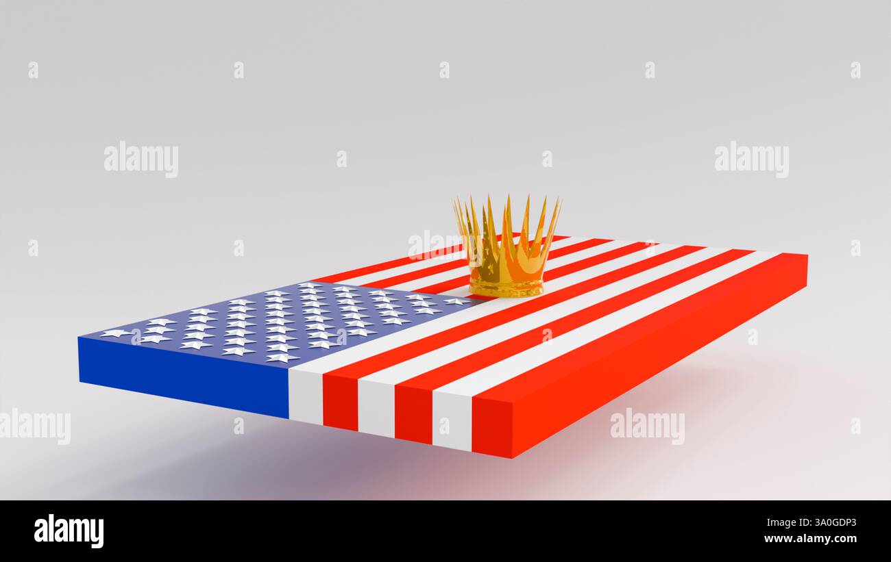 3D model of American flag and golden crown of king on white background ...
