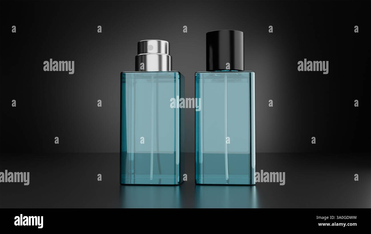 3d model of two blue perfume bottles on a black background in light ...