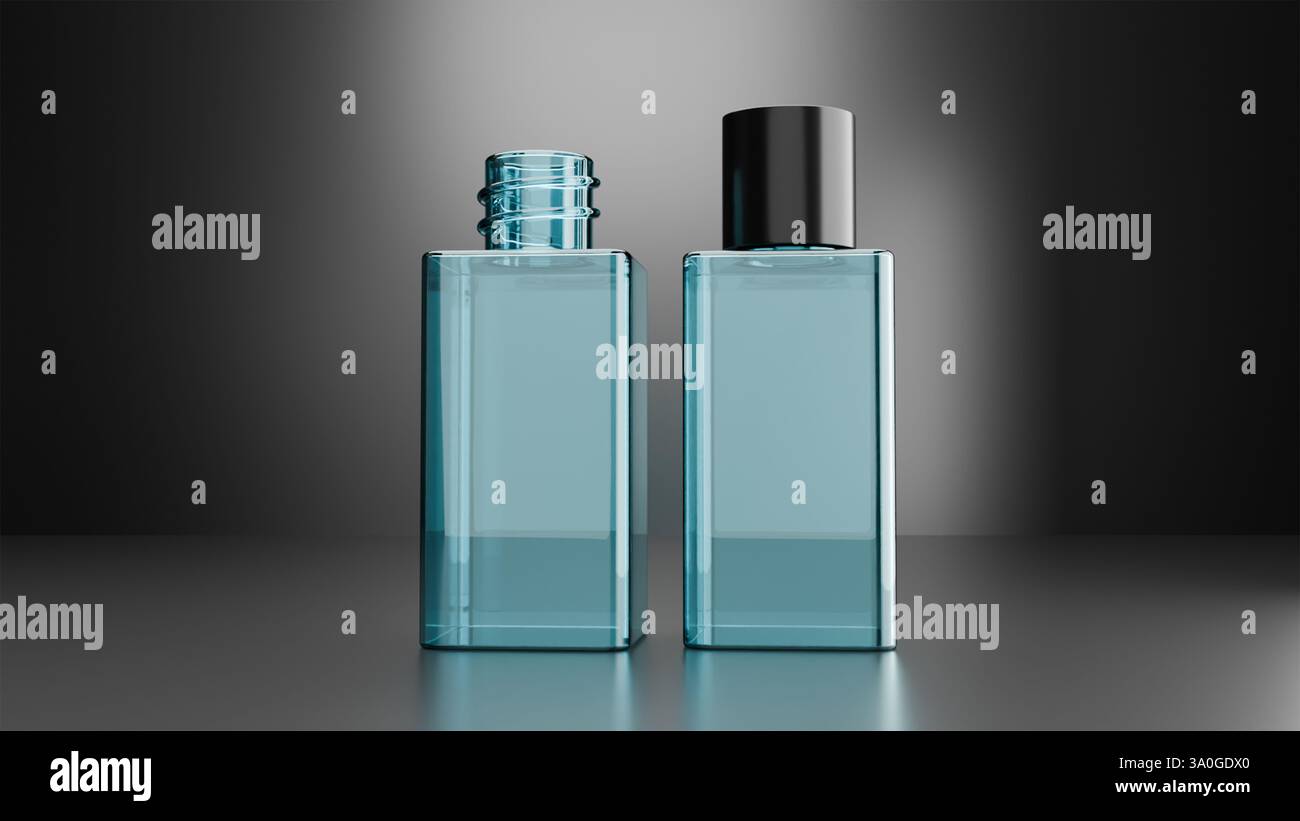 3d model of two blue perfume bottles on a black background in light ...