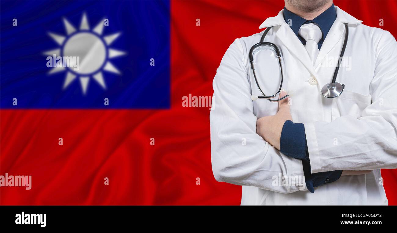 Male doctor with stethoscope on Taiwanese flag. Doctor holding ...