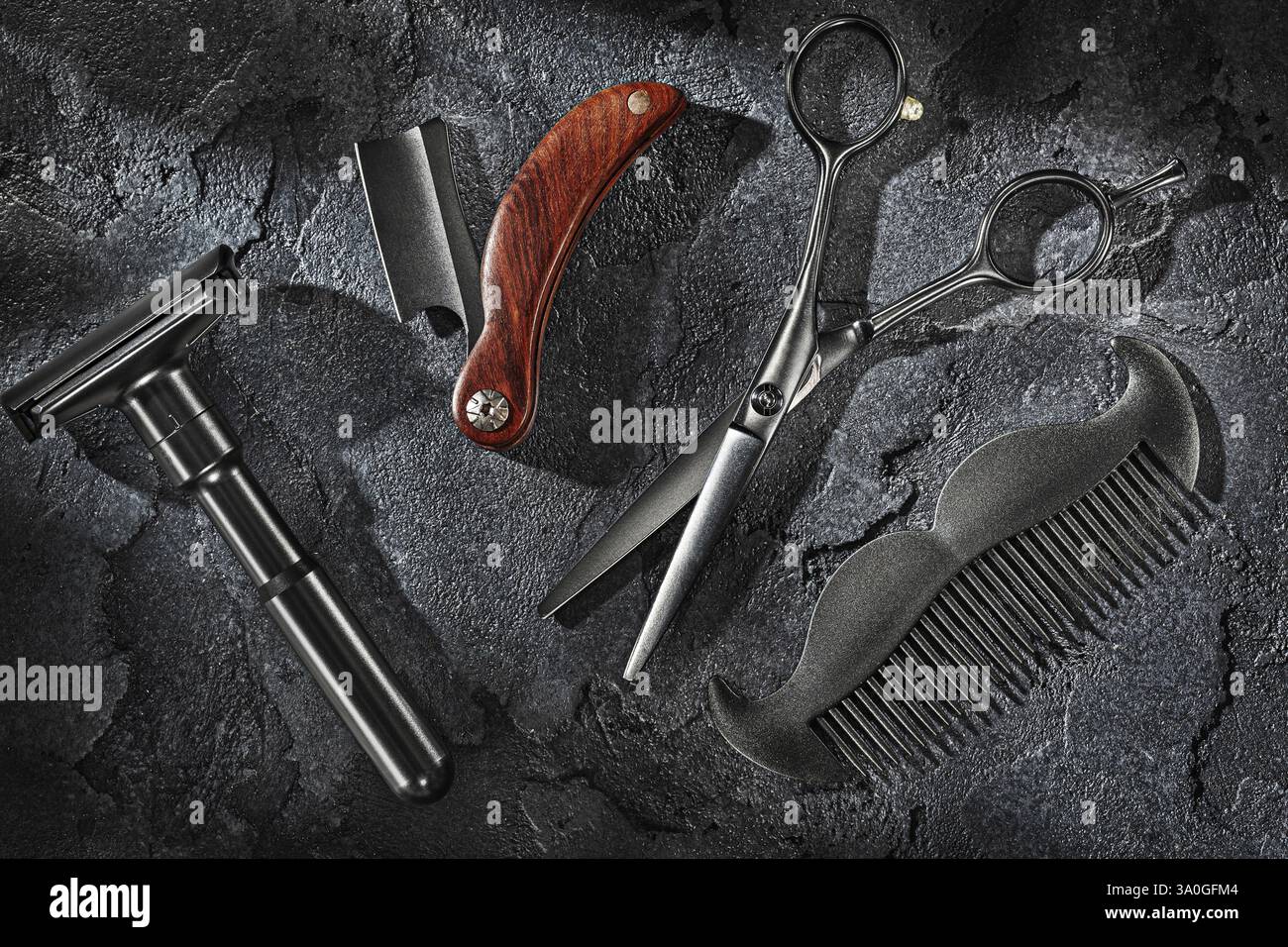 Black Barbers Tools Set On Sone Slate Background Stock Photo - Alamy