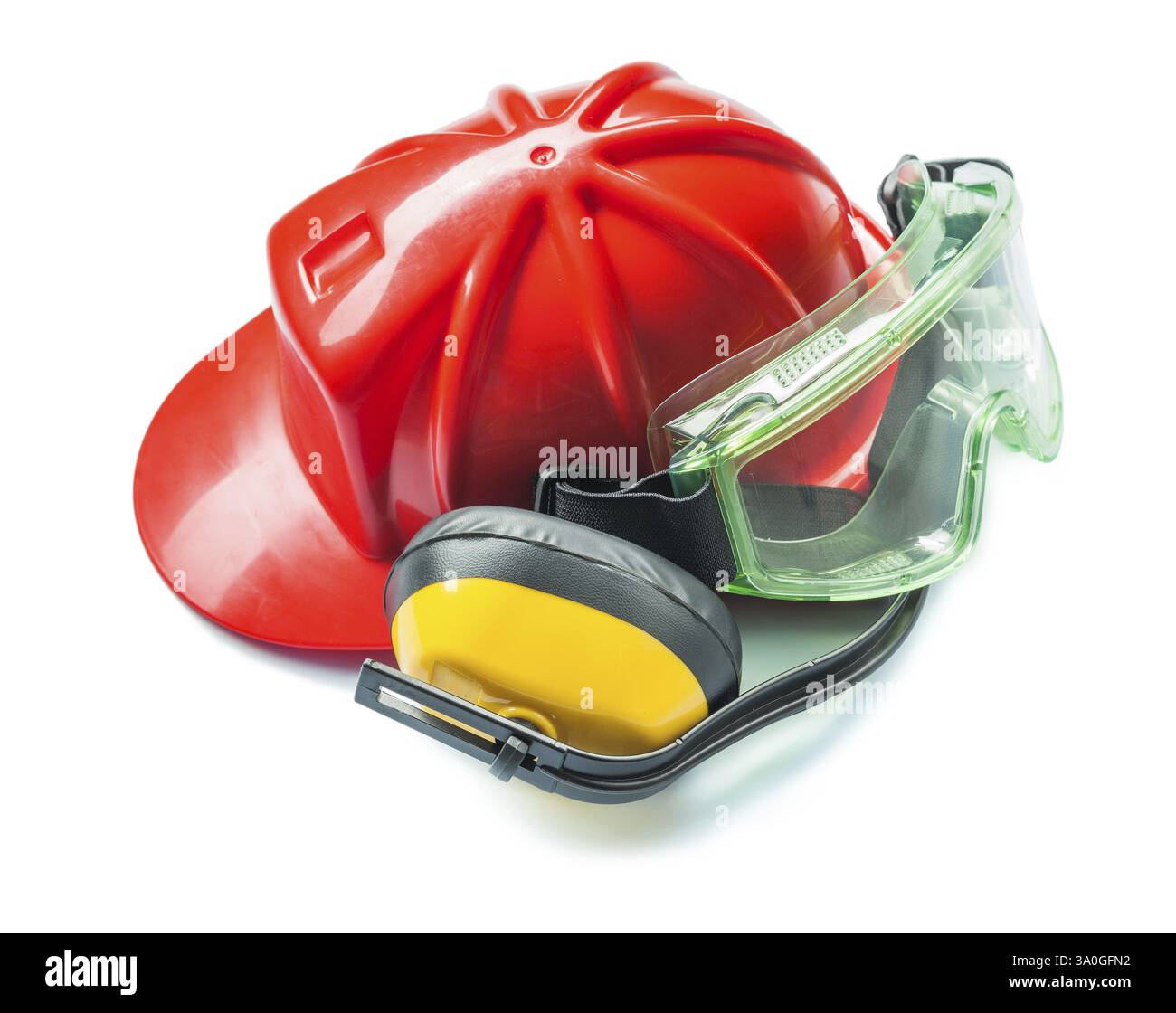 Construction tools red helmet yellow headphones and green goggles ...