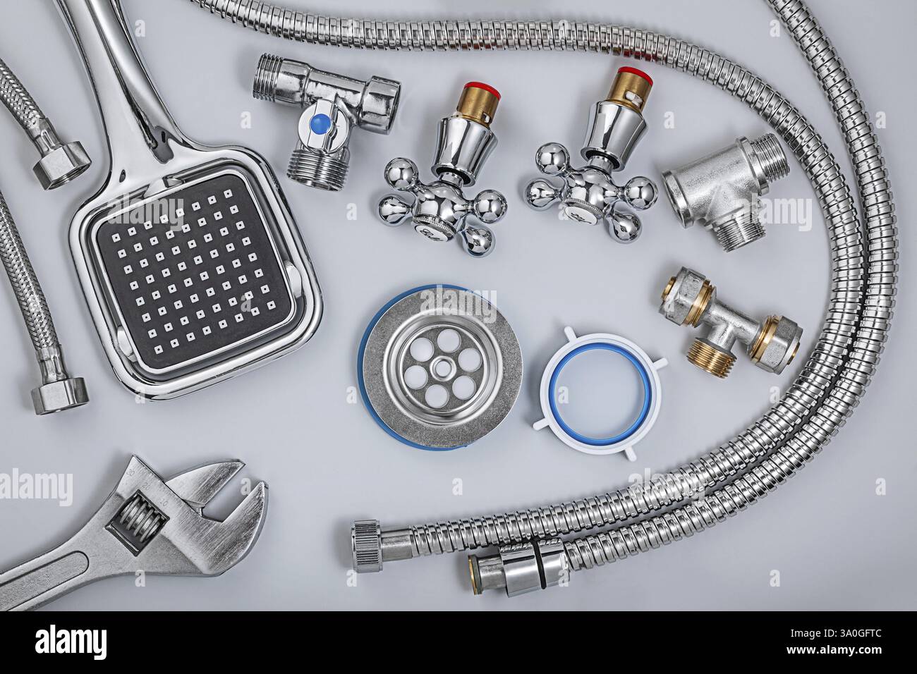 Bathroom Plumbing Accessories On White Background Stock Photo - Alamy