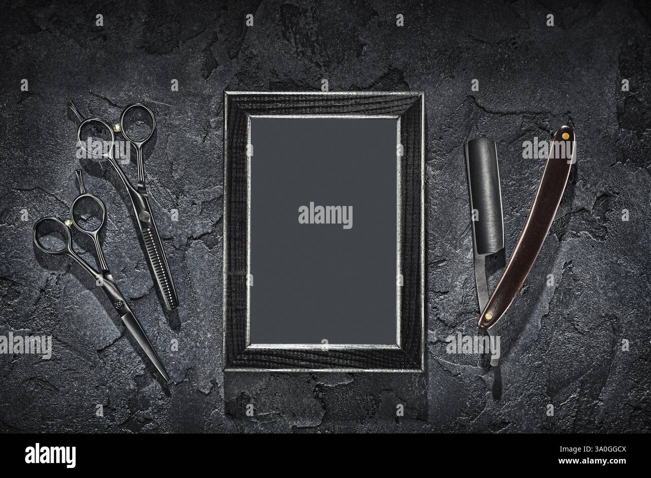 Barber Shop Concept Scissors Stright Razor And Epmty Frame Freespace ...