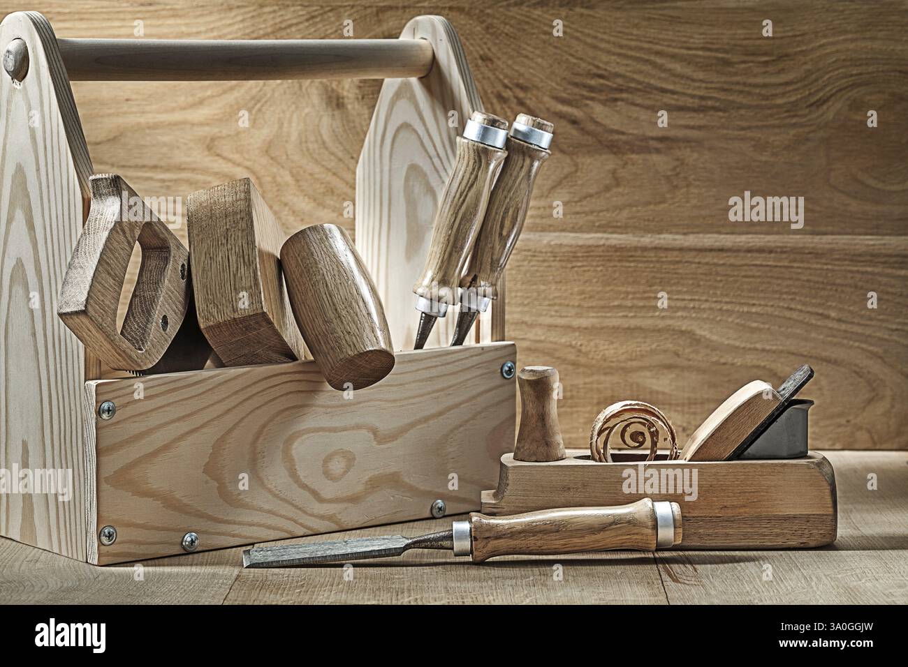 Box with carpenter tools wooden mallet chisel woodworkers plane Stock ...