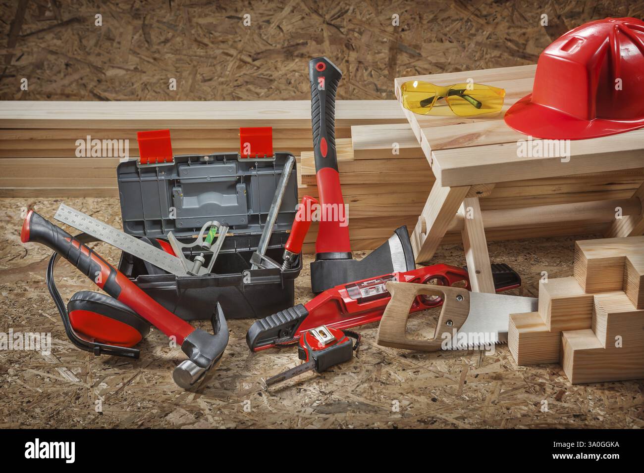 Red Carpenters Tools Set On Construction Site. Plywood Background Stock ...