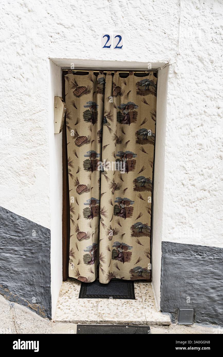 Front door with curtain, Pitres, La Alpujarra, village, Andalusia ...