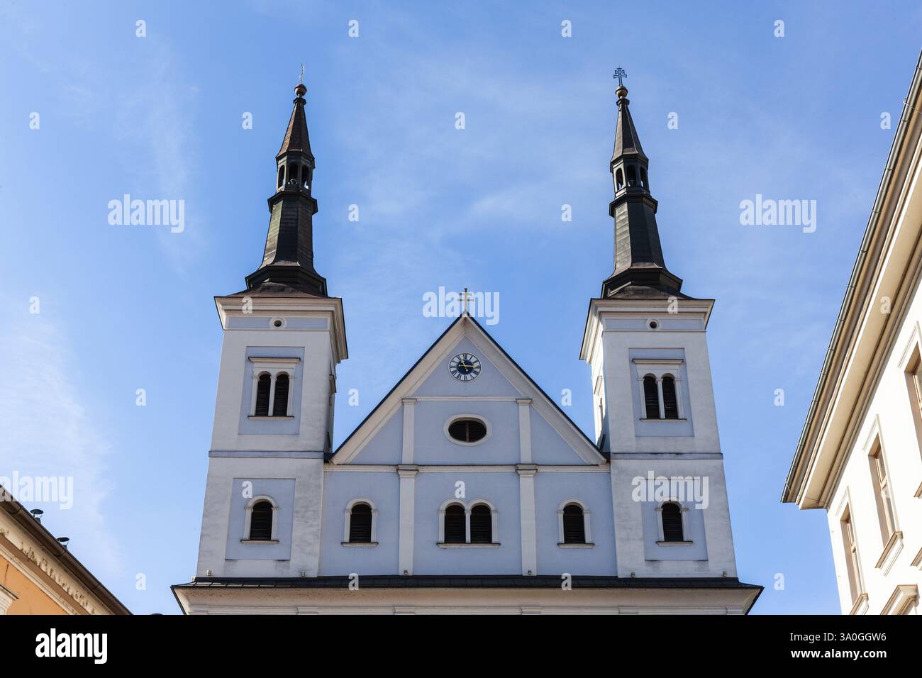 Church towers, detail of the facade, Roman Catholic parish church of St ...