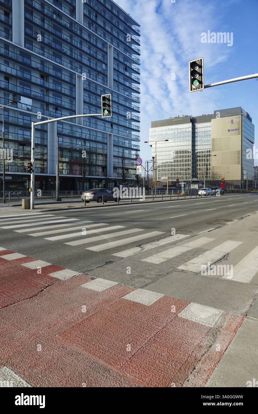 Pedestrian crossing with traffic lights and an office building Stock ...
