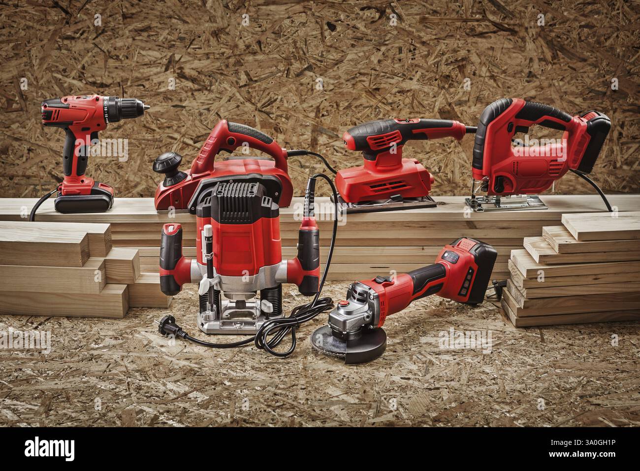 Electrric Hand Tools Set On Background Of Plywood Stock Photo - Alamy