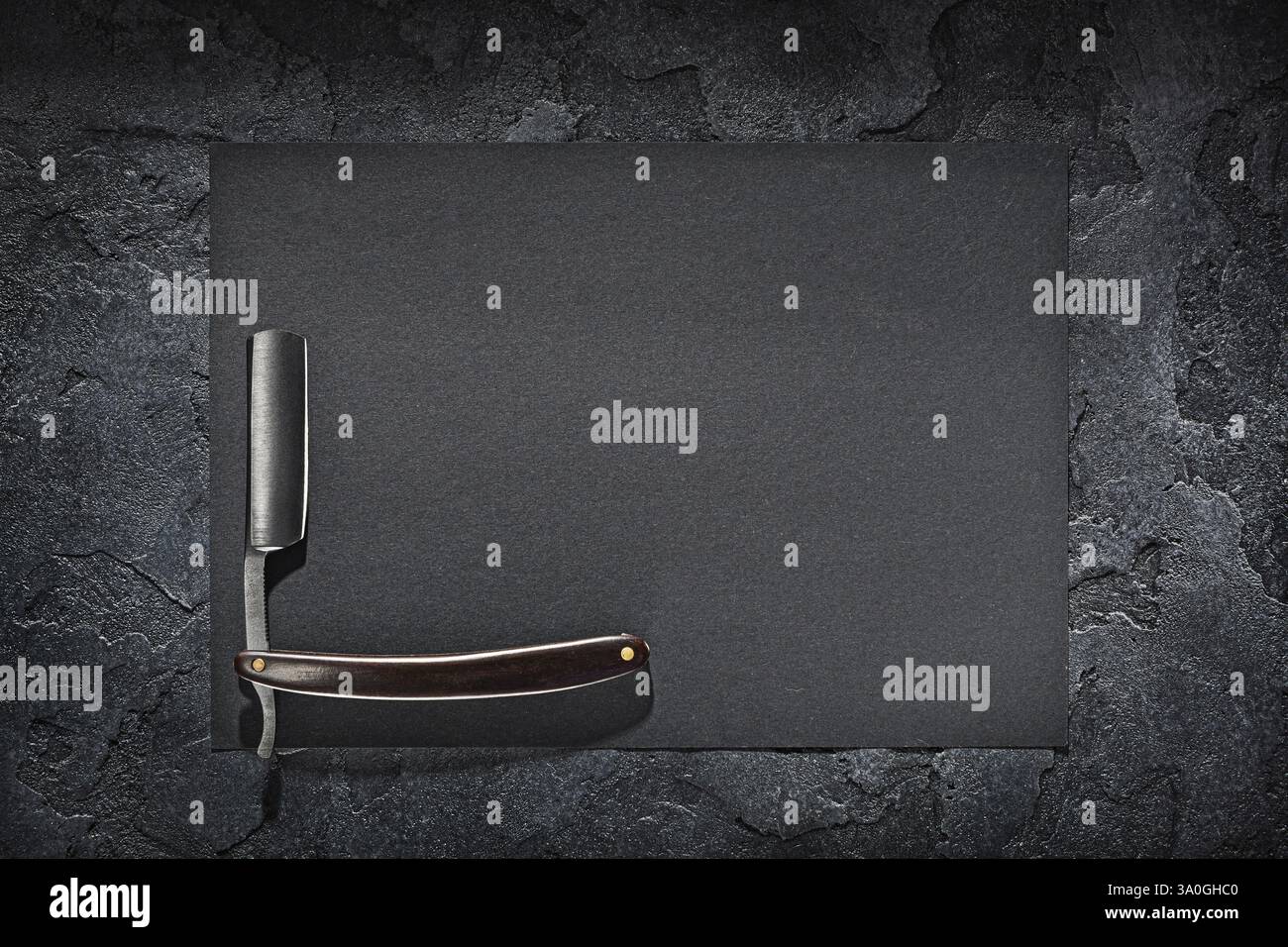 Black Mock Up Barber Stright Razor On Black Blank Paper Sheet Stock ...